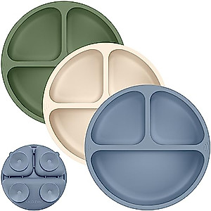 KeaBabies 3-Pack Suction Plates for Baby, Toddler - 100% Silicone Toddler Plates, Divided Baby Plates with Suction, Silicone Plates for Baby, Kids, BPA-Free, Microwave, Dishwasher Safe (Slate)
