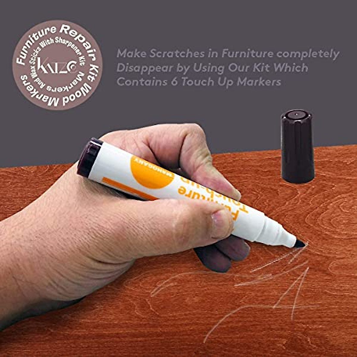 Katzco Furniture Repair Kit Wood Markers - Set of 13 - Markers and Wax Sticks with Sharpener - for Stains, Scratches, Floors, Tables, Desks, Carpenters, Bedposts, Touch-Ups, Cover-Ups