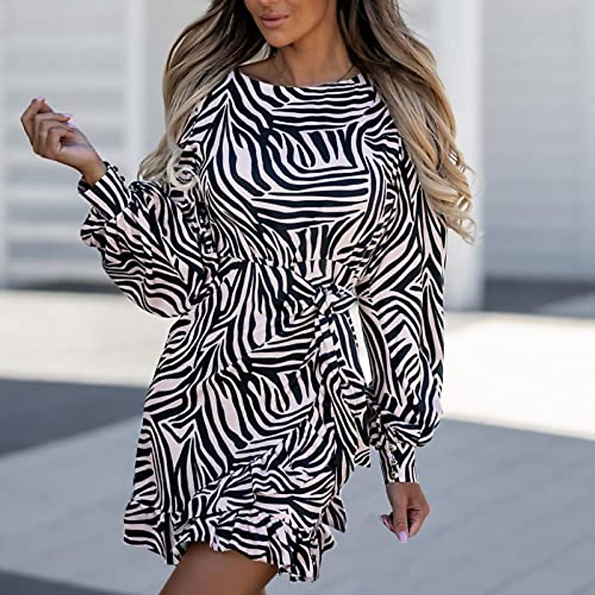 YMUQEIGH Elegant Dresses for Women Spring Summer Long Sleeve Mini Dress Fashion Floral Print Swing Dress Irregular Hem Dress Black