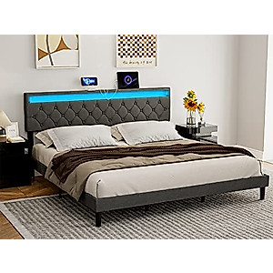 IKIFLY Upholstered King Size Headboard with 2 USB Ports & LED Lights - Adjustable Height - Button Tufted Padded Linen Fabric Headboard, Easy Assembly, King Headboard Only for Bedroom - Dark Grey