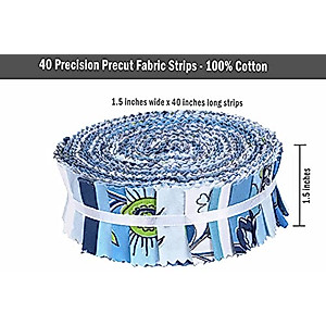 Soimoi 40Pcs Block Print Precut Fabrics Strips Roll Up 1.5x42inches Cotton Jelly Rolls for Quilting - Blue