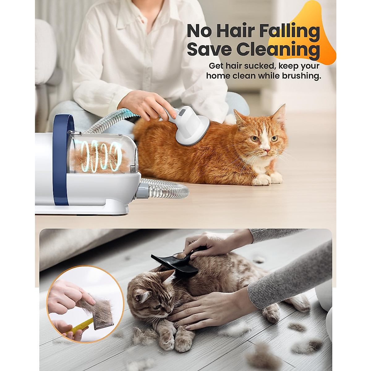oneisall Cat Vacuum Brush for Shedding Grooming, Low-Noise Pet Grooming Vacuum for Cats Long Short Haired, Cat Grooming Brush for Loose Fur and Undercoat, Pet Hair Removal Between Seasons