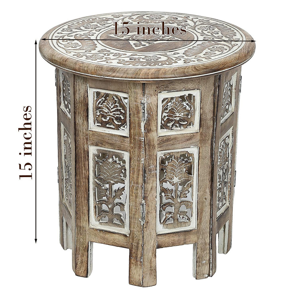 SAVON Small Rustic Wood Table Round White Side end Carved Indian Coffee Accent