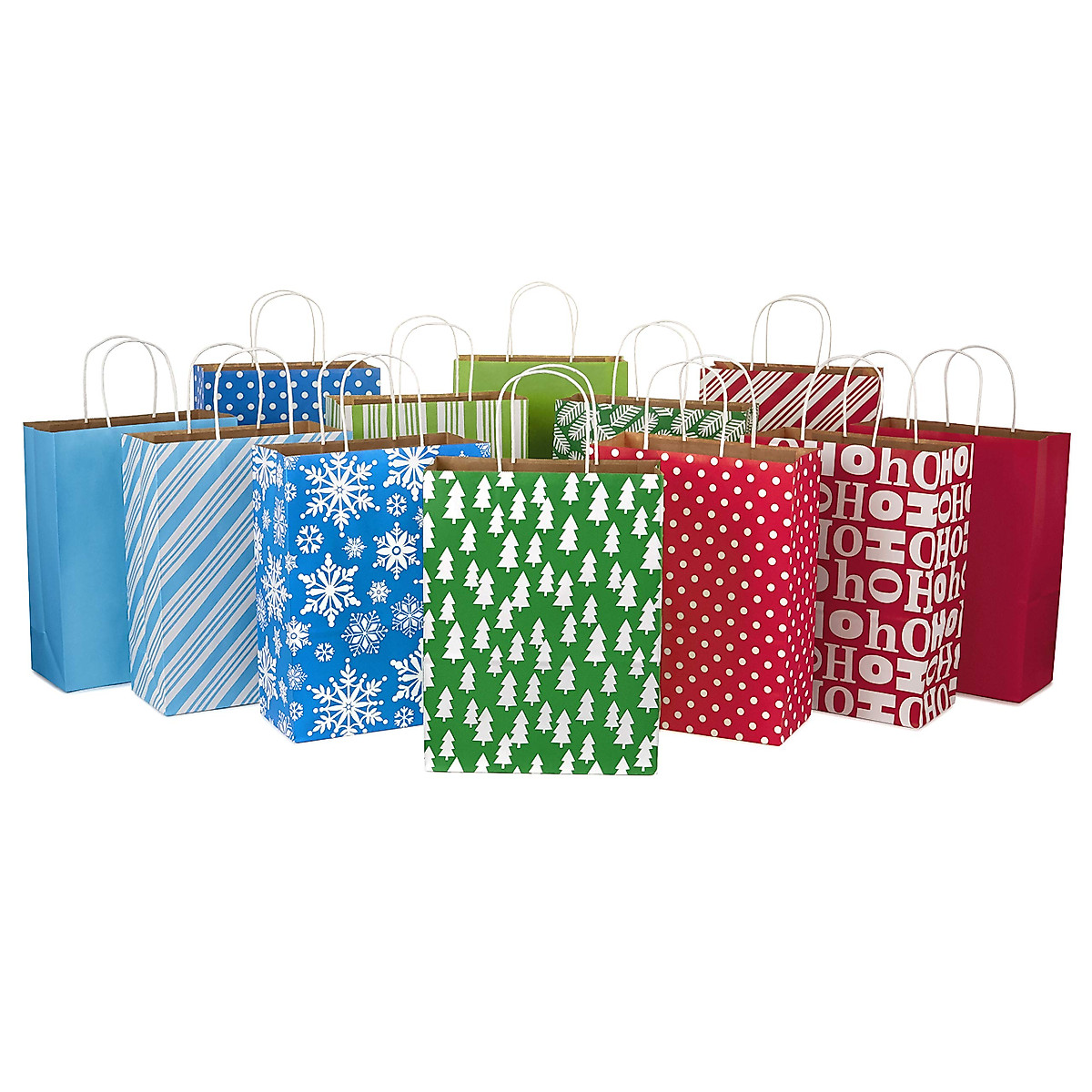 Hallmark 13" Large Gift Bag Assortment, Holiday Icons (12 Paper Gift Bags in Assorted Designs for Hanukkah or Christmas | Stripes, Polka Dots, Snowflakes, Christmas Trees)