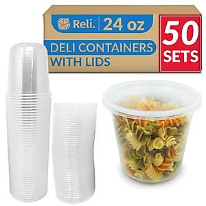 Reli. Deli Containers with Lids (50 Sets), 24 oz | Plastic Deli Containers with Lids 24oz | Clear Soup Containers with Lids, Disposable | To Go Food Storage Containers for Deli, Food, Soup (24 ounce)