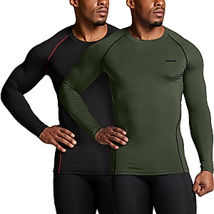 TSLA Men's Thermal Long Sleeve Compression Shirts, Athletic Base Layer Top, Winter Gear Running T-Shirt, Heat Core 2pack Black & Red/Olive, Large