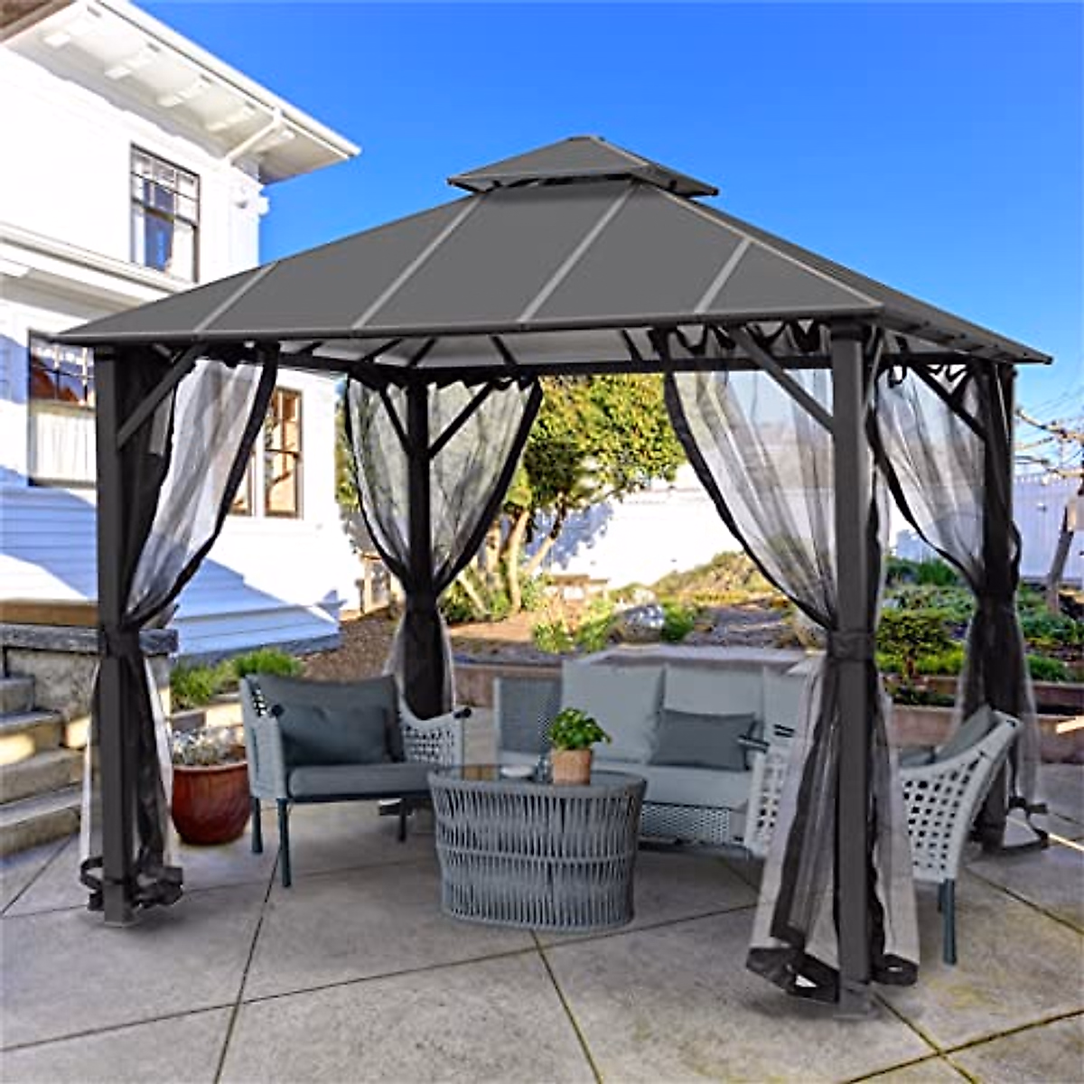 Walnut 10 Ft. X 10 Ft. Metal Outdoor Patio Gazebo with Insulated Double-Roof Hardtop and Netting