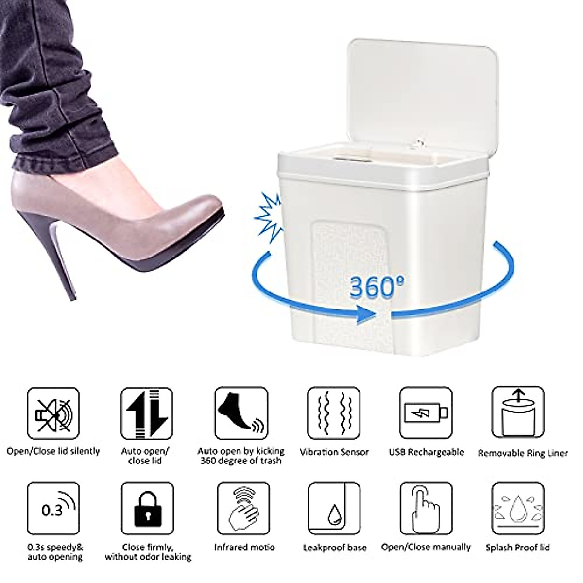 Kitchen Trash Can with Infrared Motion Sensor,Automatic Silent Open Close Lid for Bathroom Bedroom,Smart Electric Touchless Touch Free Handsfree Garbage Bin,Battery Operated Waste Container,3 Gallon