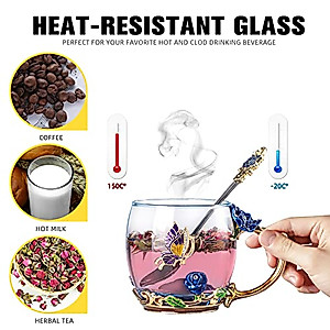 SHEEYEE Glass Coffee Mugs with Spoon, Enamel Butterfly Rose Flower Tea Cups with Decorative Handle Tea Sets for Women Gift 11 oz.(2 Sets)