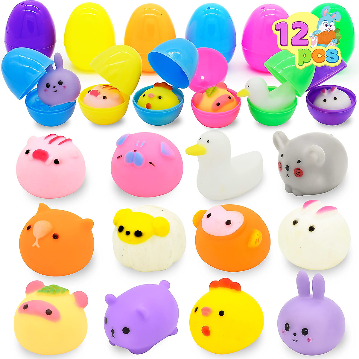 JOYIN 12 Pcs Pre-Filled Easter Eggs with Assorted Bath Toys for Kids Including Duck,Monkey,Rabbit,Animal Bath Toys Filled Eggs,Easter Eggs Hunt, Easter Basket Stuffers, Easter Eggs Fillers