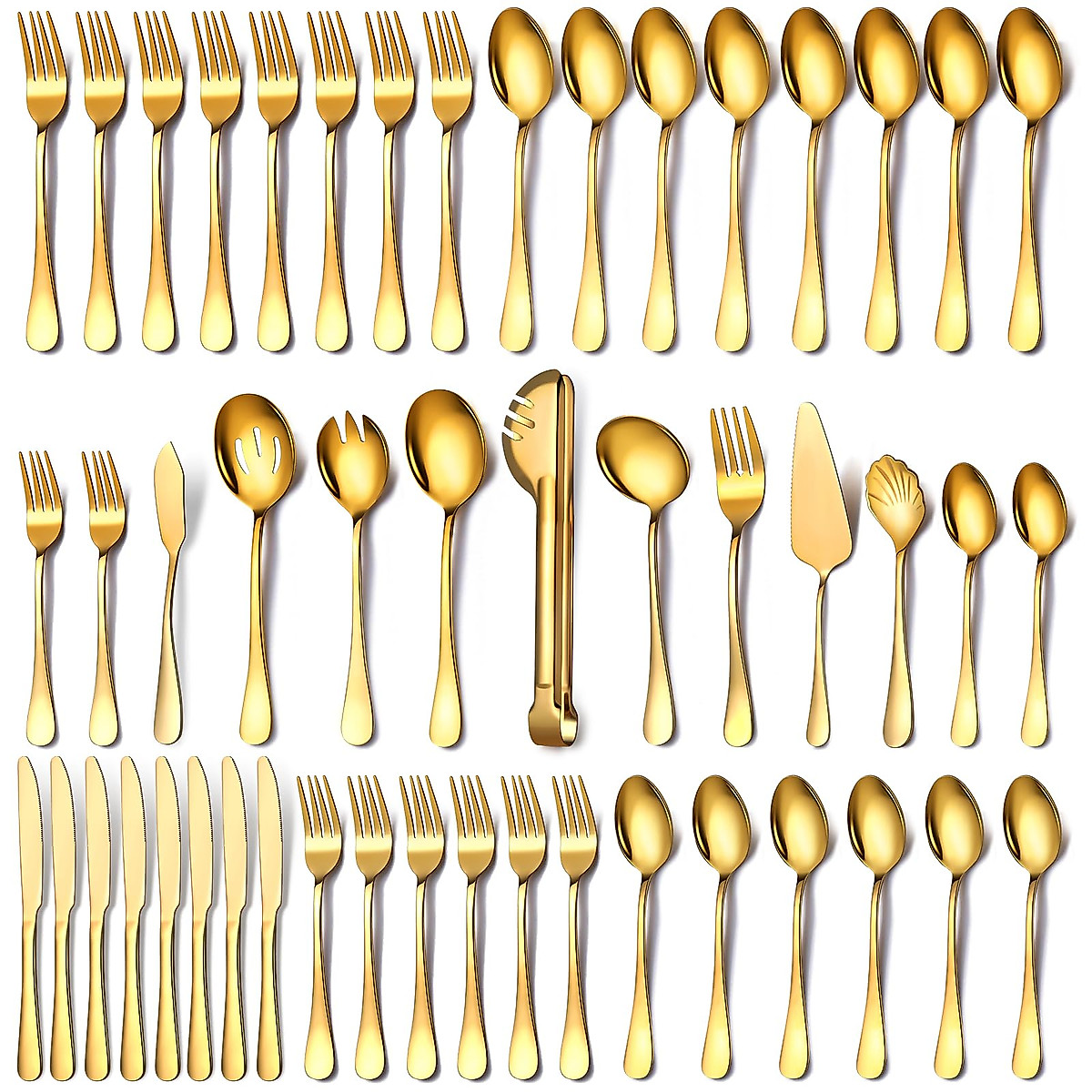 Keyoxy Gold Silverware Set for 8, 49 Pcs Stainless Steel Flatware Set with Serving Spoon,Slotted Spoons,Forks,Serving Tongs,Pie Server,Butter Knife Serving Utensils Set for Parties,Buffet,Kitchen