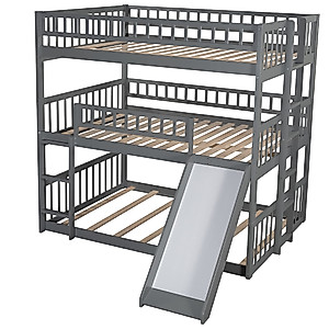 Harper & Bright Designs Triple Bunk Beds with Slide ，Wooden Bunk beds Full Over Full Over Full ，Floor Triple Bunk Bed with Ladder & Guardrails for Kids/Teens/Adults,Can be Convertible to 3 Beds,Gray