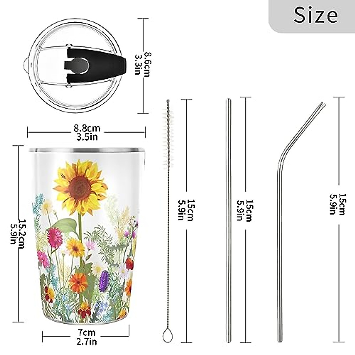Jihqo Vivid Sunflowers Tumbler with Lid and Straw, Insulated Stainless Steel Tumbler Cup, Double Walled Travel Coffee Mug Thermal Vacuum Cups for Hot & Cold Drinks 12oz