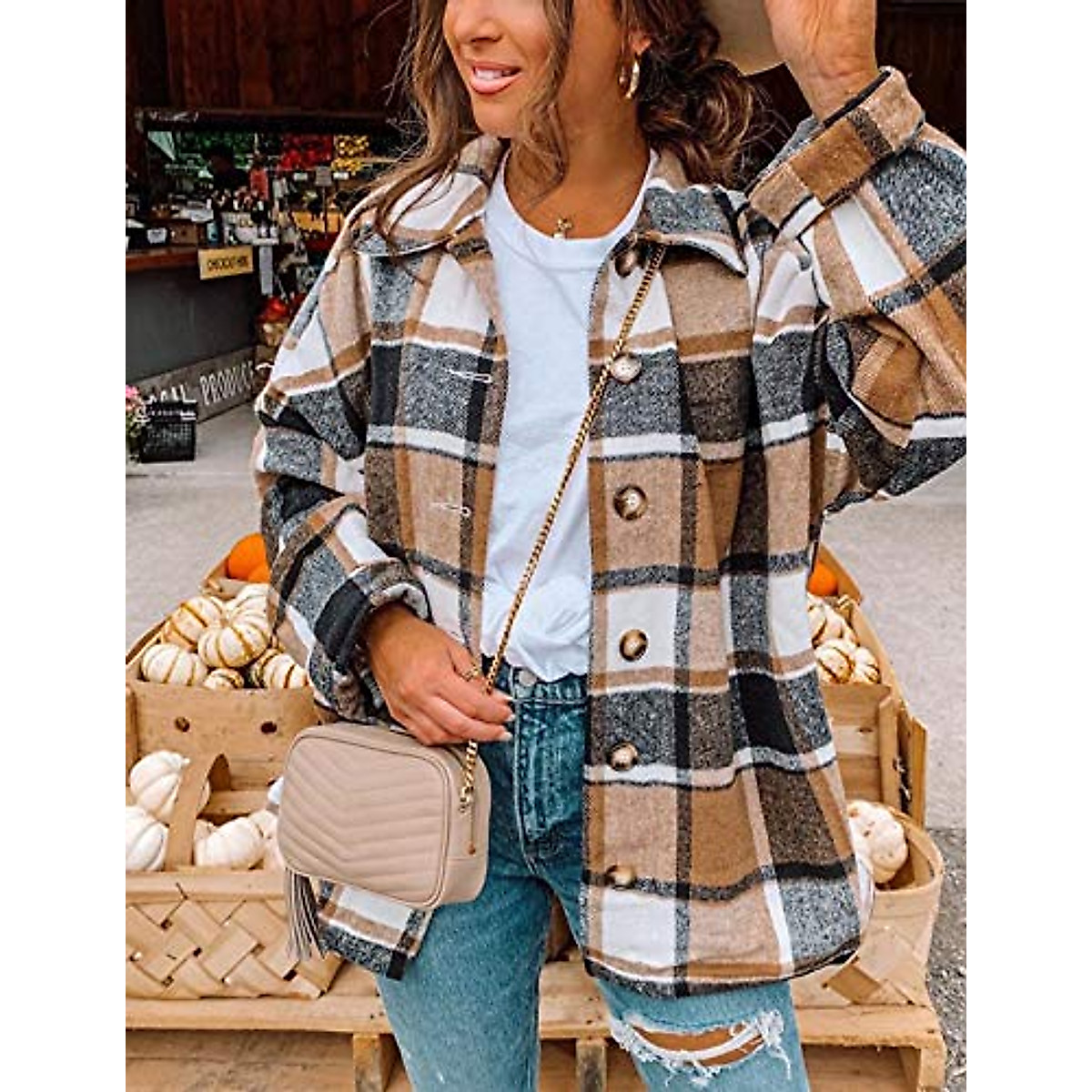 Lentta Women's Flannel Plaid Shacket Jacket Casual Fall Wool Blend Button Up Shirt Coat(Khaki-S)