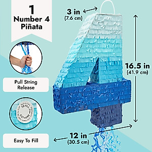 BLUE PANDA Number 4 Pull String Pinata for Boys, 4th Birthday Party Decorations, Ombre Blue (16.5 x 12 x 3 In)