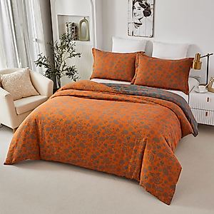 Softta Vintage Paisley Pattern Bedding Set Queen Size 3Pcs Duvet Cover Set 100% Washed Cotton Double-Layer Yarn Washed Cotton Bedding Collection Blue & Orange