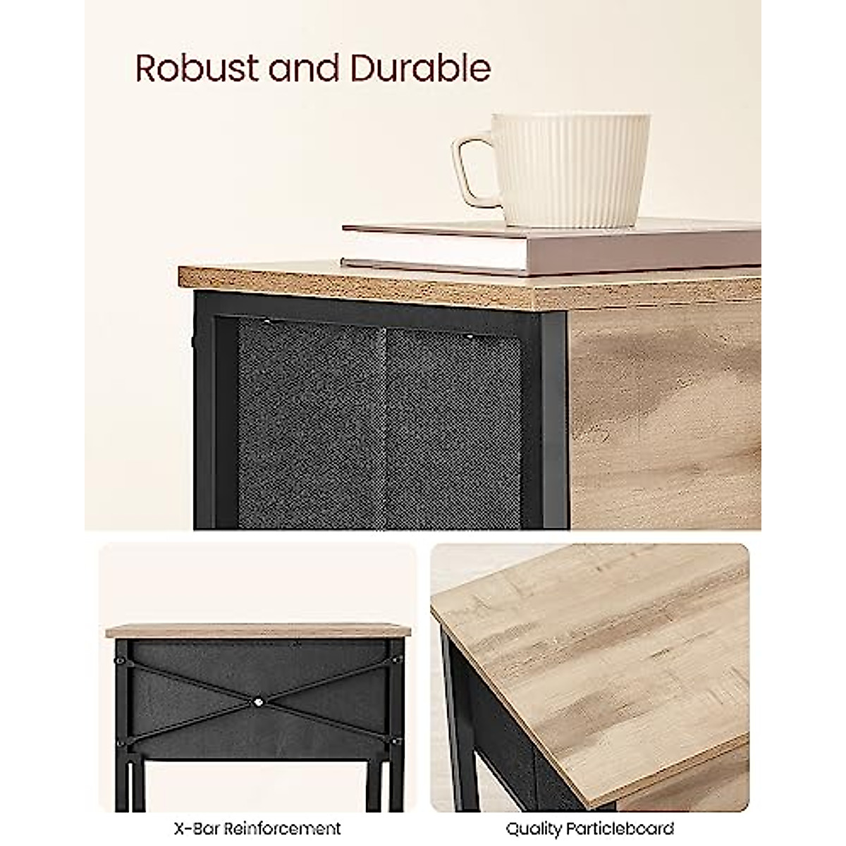 VASAGLE Nightstand, Side Fabric Drawer, 24-Inch Tall End Table with Storage Shelf, Bedroom, Toasted Oak