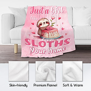 Custom Sloth Blanket with Name, Sloth Gifts for Girls Women, 60"x80" Soft Pink Blanket for Girls Gifts Decor, Sloth Printed Blankets Present Ideal, Cute Flannel Kids Throw Blankets for Couch