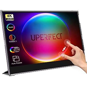 UPERFECT OLED Portable Monitor 4K Touchscreen Battery, 15.6'' UHD 10Bit 100% DCI-P3 100000:1 Color, 10-Point Touch, Gravity Sensor Auto Rotate, 5000mAh Battery, Achieve True Portable Screen on Travel