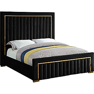 Meridian Furniture Dolce Collection Modern | Contemporary Velvet Upholstered Bed with Luxurious Channel Tufting and Gold Metal Trim/Legs, King, Black