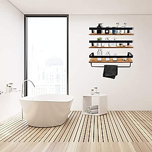 SATUBROWN Floating Shelves Wall Mounted Set of 3, Rustic Wood Wall Shelves with Towel Bar for Bathroom, Laundry Room, Hanging Shelving with Hooks for Bedroom Decor