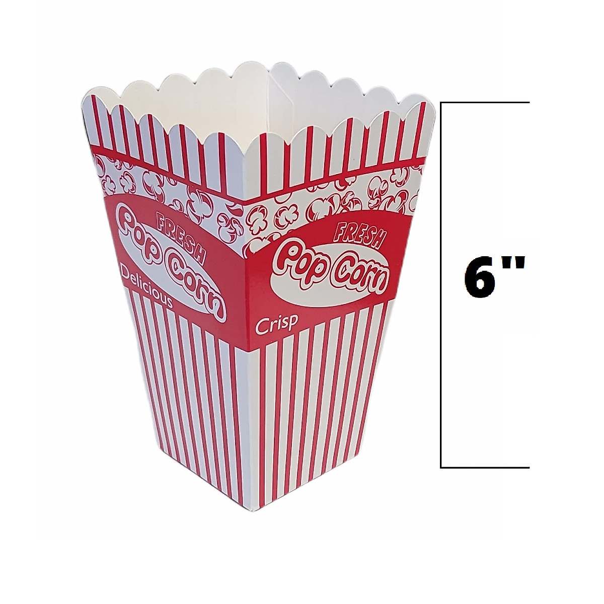 Fresh White Popcorn Carnival Red Striped Boxes (12 Pieces) 6". Paper. Delicious Crisp Snack Treat Pop Corn Candy Birthday Paty Favor Container Cardboard Disposable
