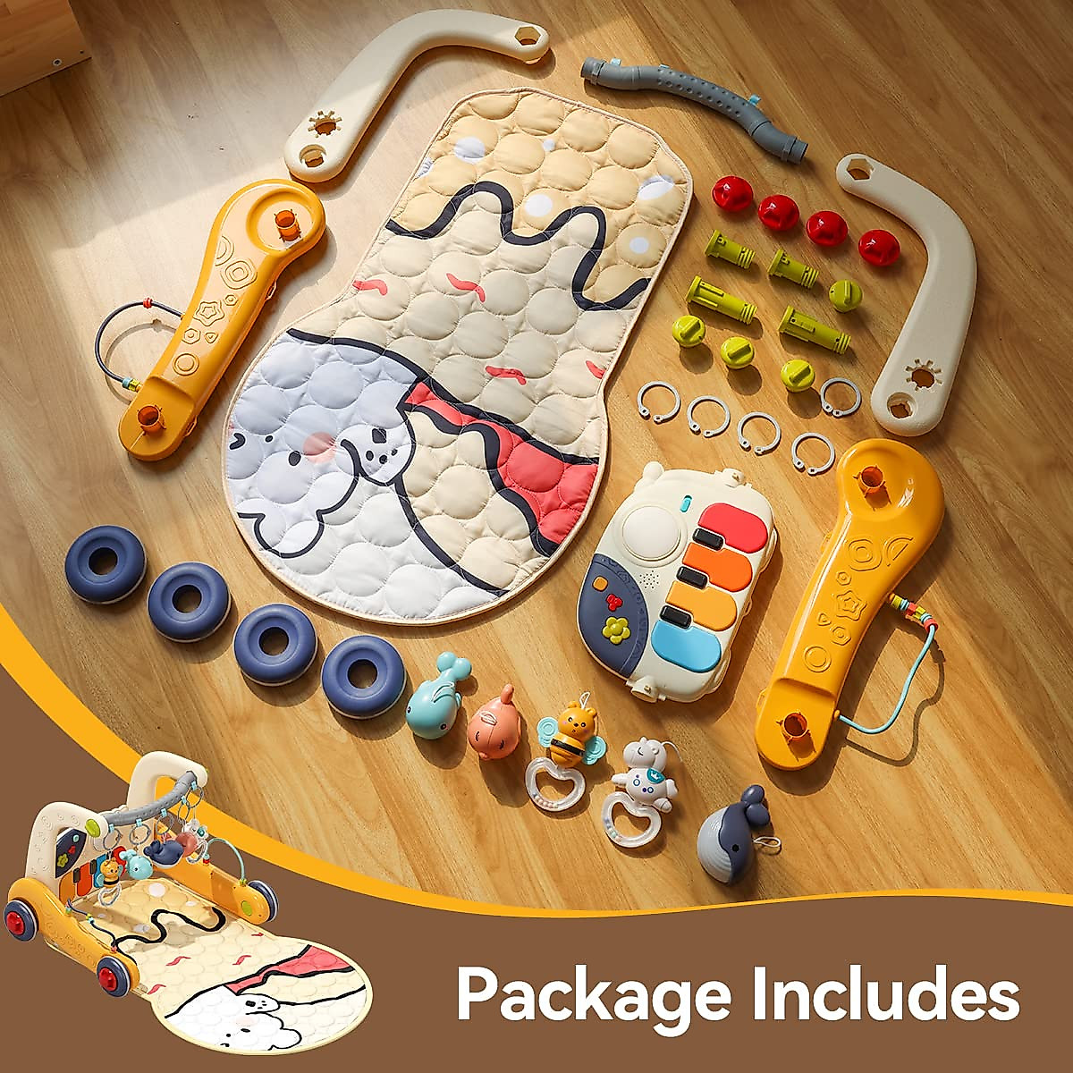 Baby Play Mat Gym,4-in-1 Baby Kick and Play Piano Tummy Time Mat Learning Walker-Musical Activity Center with Lights Seat and Push Walkers Ideas for Baby Newborn 0-6-12 18 Months Boy Girl