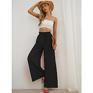 AusLook Women's Wide Leg Dress Pants with Pockets Black XX-Large Lightweight Elastic High Waisted Adjustable Tie Knot Flowy Loose Slacks Lounge Casual Ladies Beach Pleated Trousers