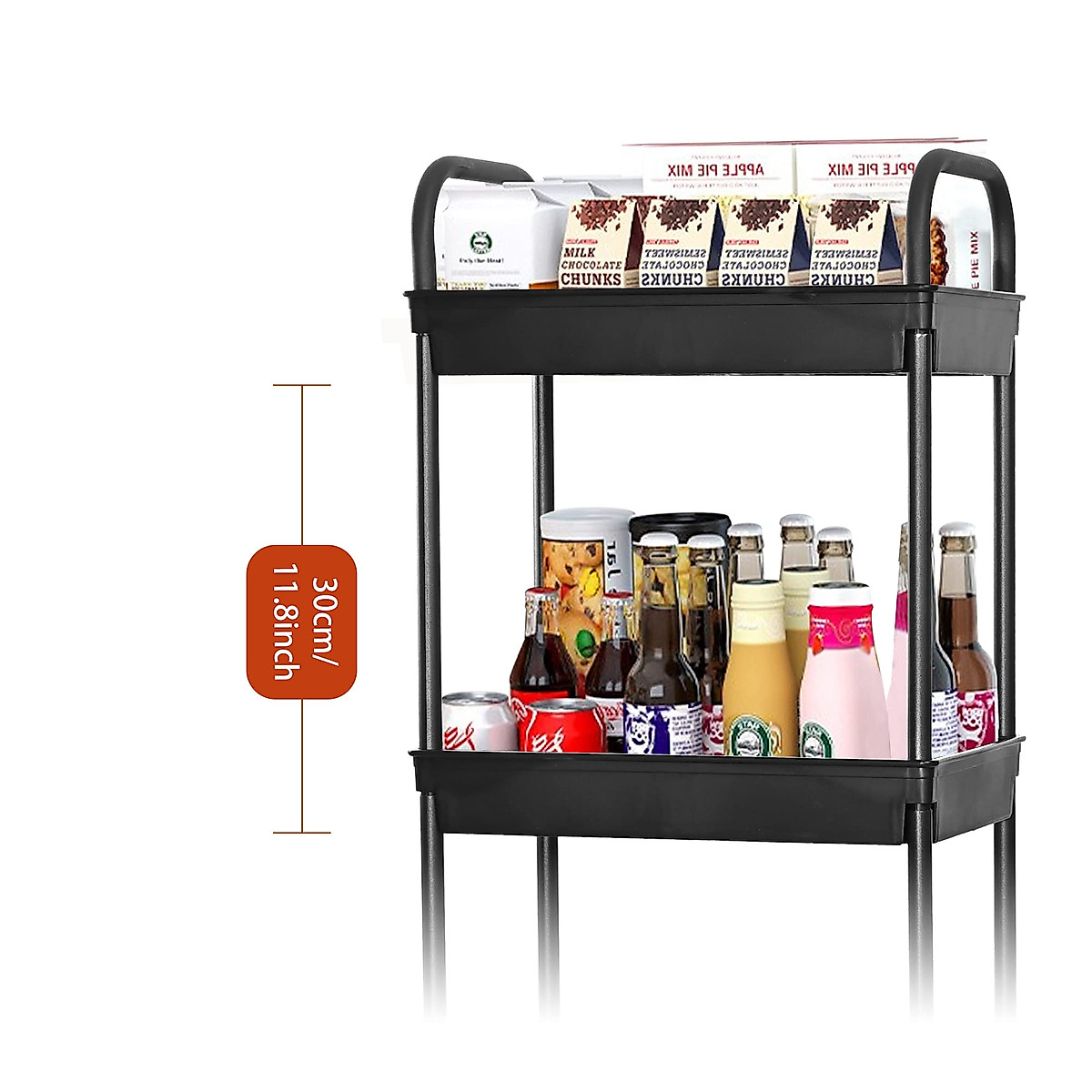 WASJOYE 4-Tier Plastic Rolling Utility Cart with Handle, Black Home Kitchen Office Storage Trolley Cart with Wheels (14 * 8.9 * 45.3 Inch)