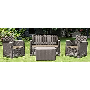 yoyomax 4 Pieces Furniture Clearance, Modern Outdoor Cushion, All Weather Patio Conversation Sofa Set w/ 3 Chairs, Coffee Table-Ideal for Garden, Poolside, 4PCS, Black with Gray