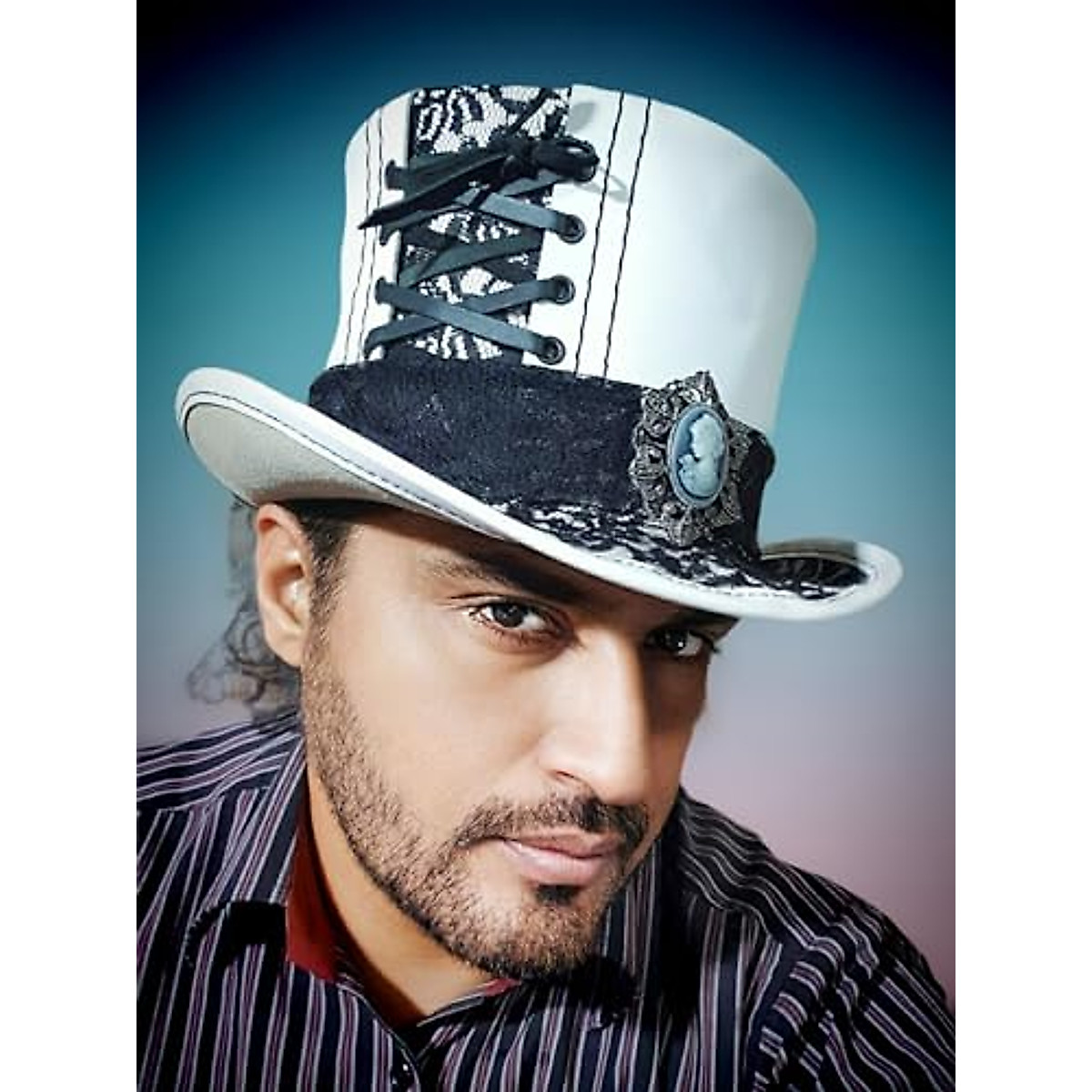 Steampunk Black Crusty Band White Leather Top Hat (Leather, XX-Large)