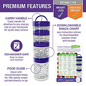 100 Cal Stackable Snack Containers for Weight Management, Food Portion Control Containers for Weight Control with Instructions for Men, Women and Bariatric Must-Haves (Purple)