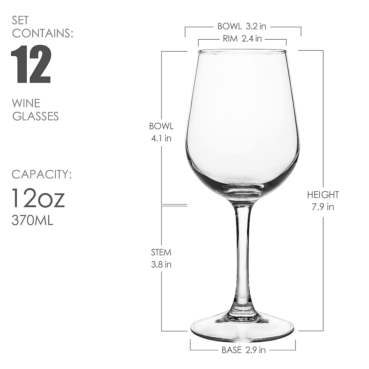 FAWLES Fully Tempered Wine Glasses, Shock Resistant Wine Glass Set for Red or White Wine, Dishwasher Safe Stem Glasses for Restaurants, Bars, Home (Set of 12, 12 oz)