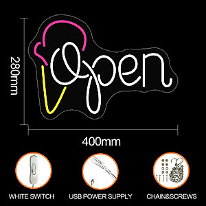 Open Neon Sign White, Open Neon Sign For Home Bar Decor, Open Neon Sign Custom For Ice Cream Store Decoration With USB Operated (15.7x11in)