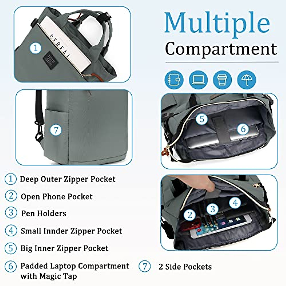 BASICPOWER Backpack Purse for Women Large Diaper Bag Travel Laptop Casual Bookbag Work Shopping Docter Nurse Teacher Bag Light Weight 15.6-in Computer Multifunctional with Tote Handles Grey