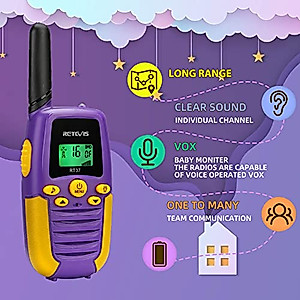 Retevis RT37 Walkie Talkies for Kids,Toy Gifts for 6-12 Year Boys Girls, Walkie Talkies 22 CH, LED Flashlight, Indoor Family Activities Long Range for Camping,Hiking,Outdoor(Purple,2 Pack)