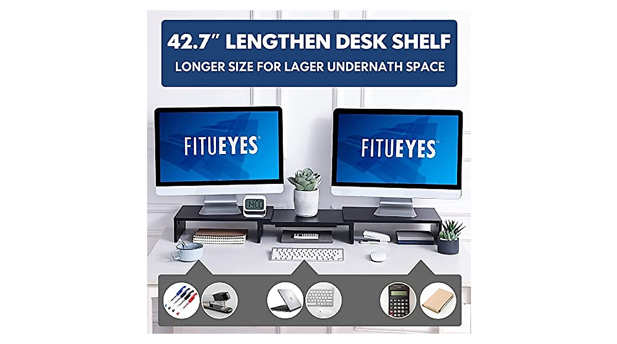 FITUEYES Dual Monitor Stand - Adjustable Wood Riser | 2 Monitors