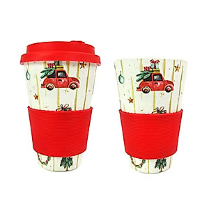 TINYMILLS Christmas Tree Red Vintage Truck Holiday 14oz Travel Mug - Eco-Friendly Reusable Plant Fiber Travel Mug Birthday Gift Stocking Stuffer Teacher Coach Gift