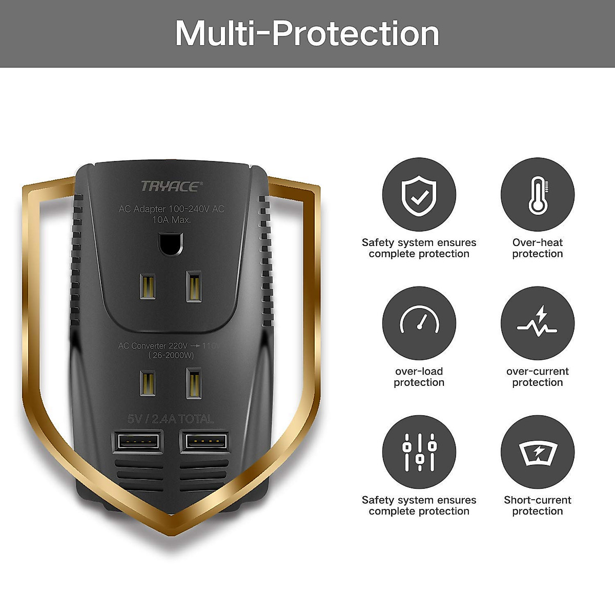 Upgraded 2000W 220V to 110V Voltage Converter Step Down Voltage for Hair Dryer,Straightener,Curling Iron,Cell Phone Power Converter with 2-Port USB and UK/AU/US/EU 10A Plug Adapter (Black-Write)