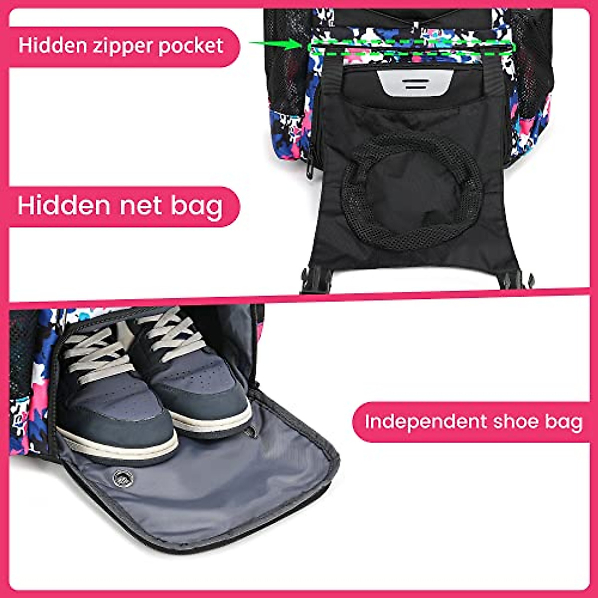 AI EN JIU Softball Equipment Bag for Youth Girls Adult, Lightweight Baseball Backpack with Shoe Compartment, Fence Hook for TBall Bat, Helmet(PinkCamouflage)