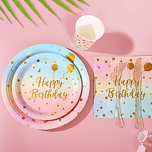 Boocikey 200 Pcs Pastel Party Supplies Birthday Party Plates and Napkins Sets,Disposable Pastel Birthday Plates - Rainbow Paper Plates Napkins Cups for Birthday Baby Shower Party Decorations