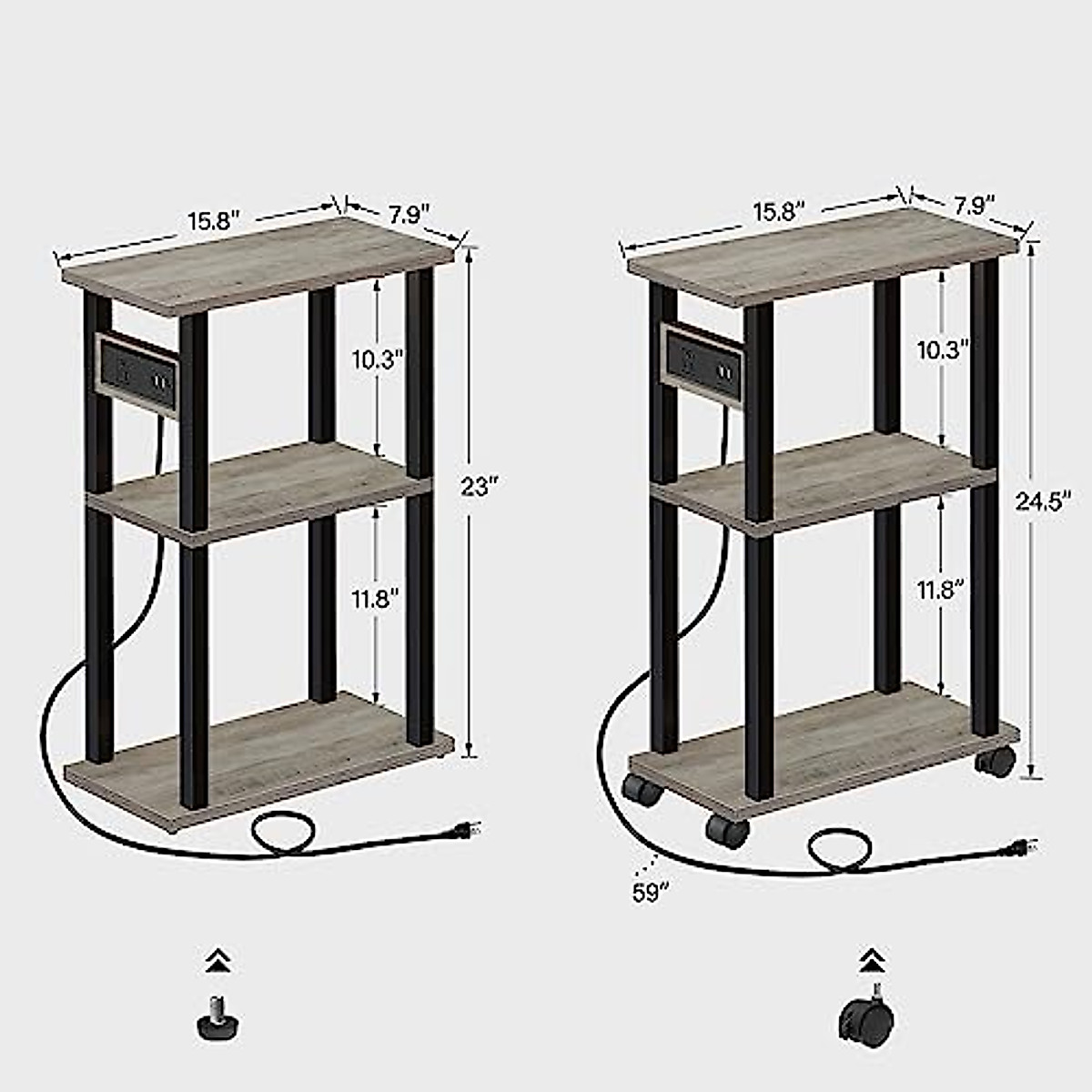 TUTOTAK Small Narrow Side Table with Charging Station, Set of 2 Skinny End Table for Small Spaces, Slim Nightstand with USB Ports and Outlet,Sofa Beside Table with Wheels, Greige TB01BG047