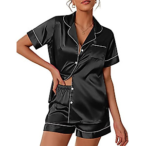 Ekouaer Womens Loungewear Satin Short Sleeve Top and Shorts Pajamas Set, Black, Medium