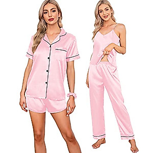 SWOMOG Womens Silk Satin Pajamas Sets 7pcs Sleepwear Sexy Cami Shorts Set and Button Down Short Sleeve Pj Loungewear Pink
