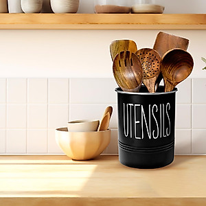 CHEODIN 2 Pack Kitchen Utensil Holders, 6.7"+ 4.7" Utensil Hodler for Countertop, Cooking Utensil Crock with Cork Bottom, Modern Farmhous Kitchen Decor, Black