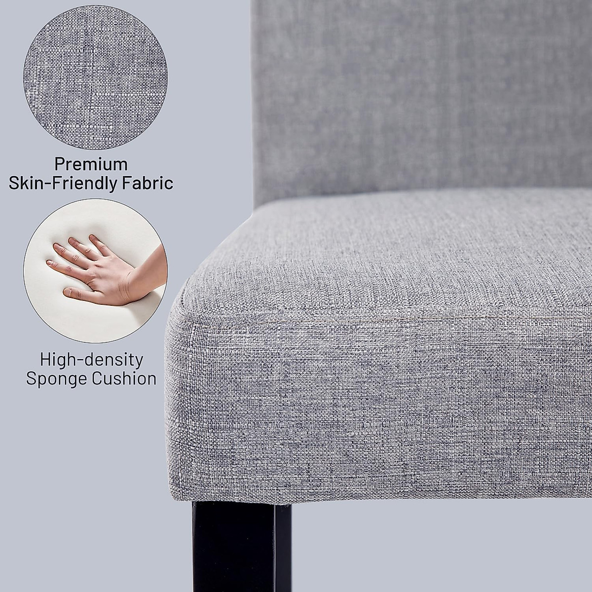 Zanzio Set of 2 Dining, Upholstered Fabric Side Chair Ergonomic High Back Armless with Wood Legs and Padded Seat, Light Gray