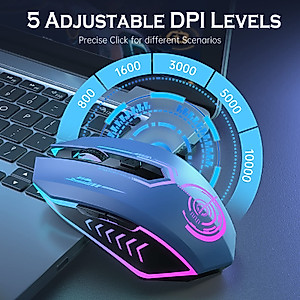 UHURU Gaming Mouse, Wireless Gaming Mouse with 6 Buttons 7 Changeable LED Color up to 10000 DPI, Rechargeable USB Gamer Mouse for PC Laptop (Blue)