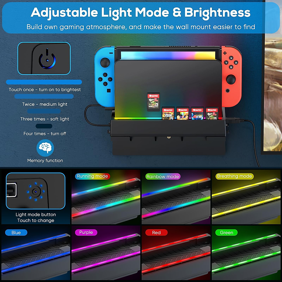 RGB Switch Wall Mount Kit for Nintendo Switch and OLED, Switch Dock Console Holder Stand, Switch Accessories with 7 Light Modes, 7 Card Slots, 4 Joy Con Hangers, 2 USB Ports, Behind TV, Graphite Black