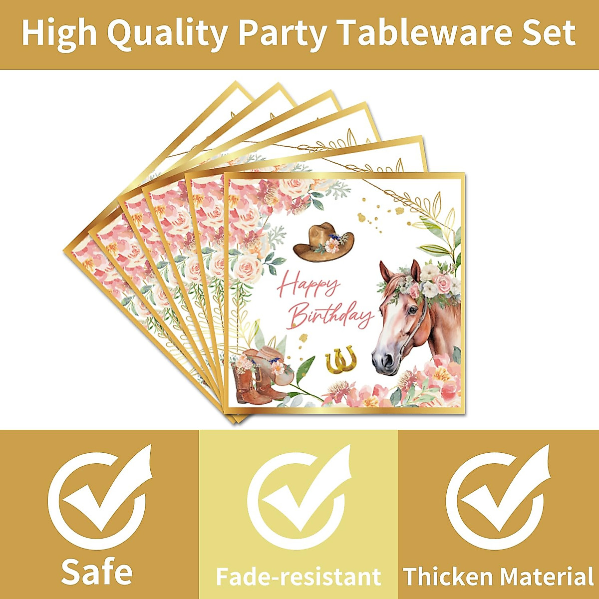 Horse Birthday Party Supplies Tableware - 96 Pcs Golden Horse Themed Plates and Napkins Sets with Forks, Cowgirl Birthday Party Decorations, Western Baby Shower Disposable Dinnerware, Serves 24