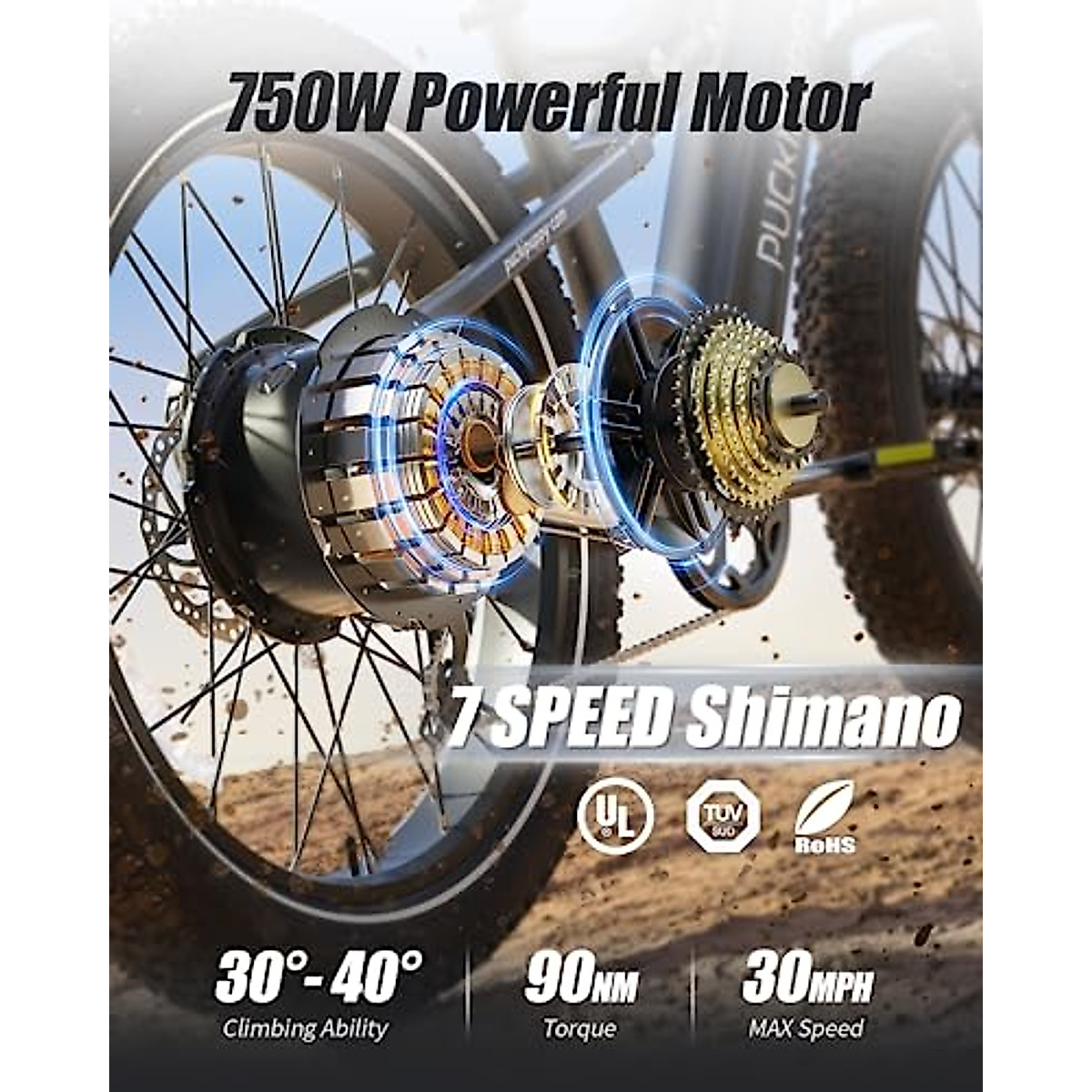 PUCKIPUPPY Electric Bike for Adults, 750W Motor, 48V 20AH Samsung Cells Battery Adult Electric Bicycles, 26" Fat Tire Full Suspension Ebike, 30MPH Beach Mountain E Bike, Shimano 7 Speed, 75Miles Range